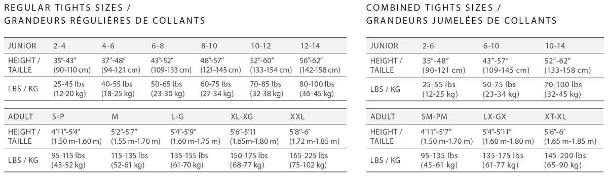 Mondor Tights Size Chart – Mondor Canada
